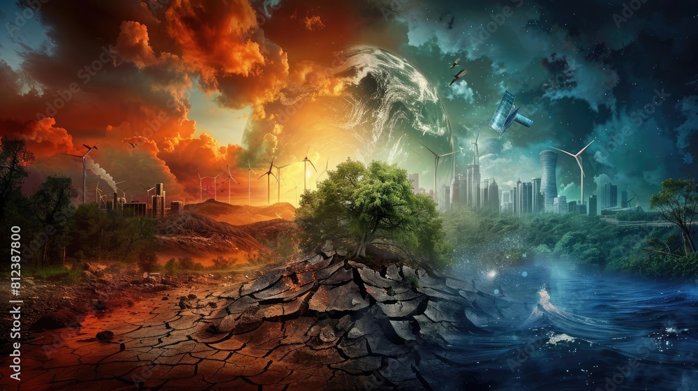 A graphical display of climate change, portraying a cracked landscape ...