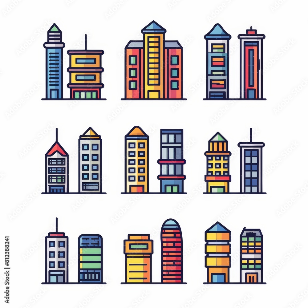 The image shows a set of colorful buildings in a simple and modern ...