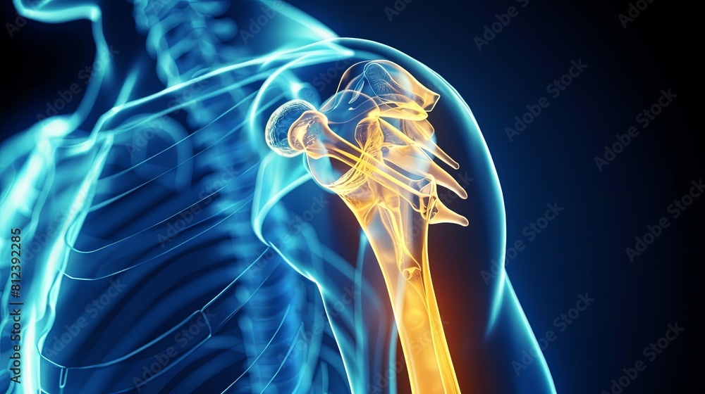 An X-ray blue of a shoulder with the upper arm and shoulder joint ...