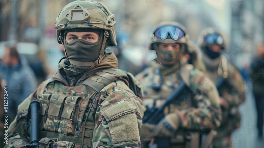 Soldiers in Uniform and Tactical Equipment Standing Alert ...