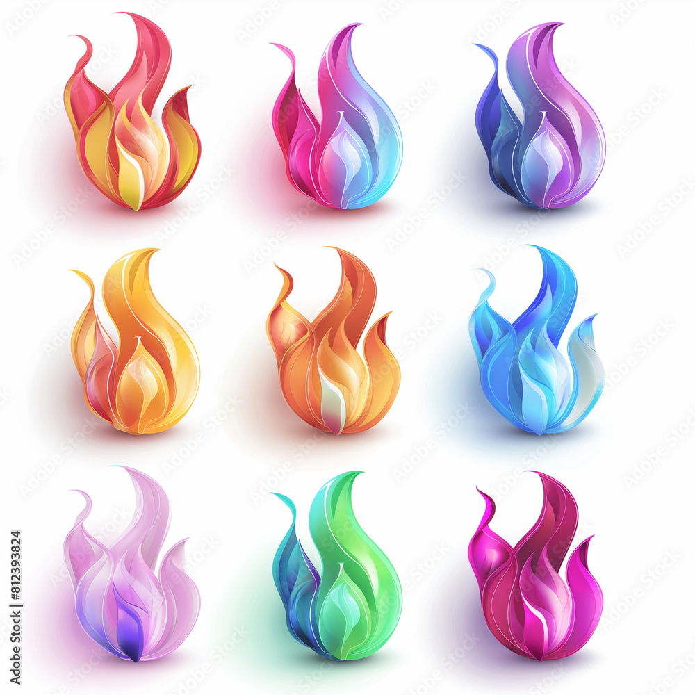 Set of 3D flame icons, each a different shade of the rainbow, displayed ...