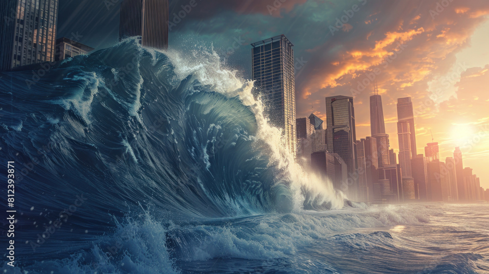 Tsunami Wave Approaching City Skyline. Disaster Concept. Large tsunami ...