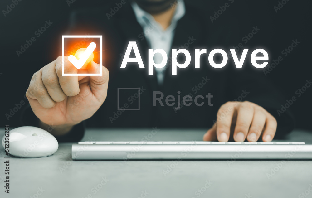 Businessmen point to tick correct sign mark in checkbox for approve and ...