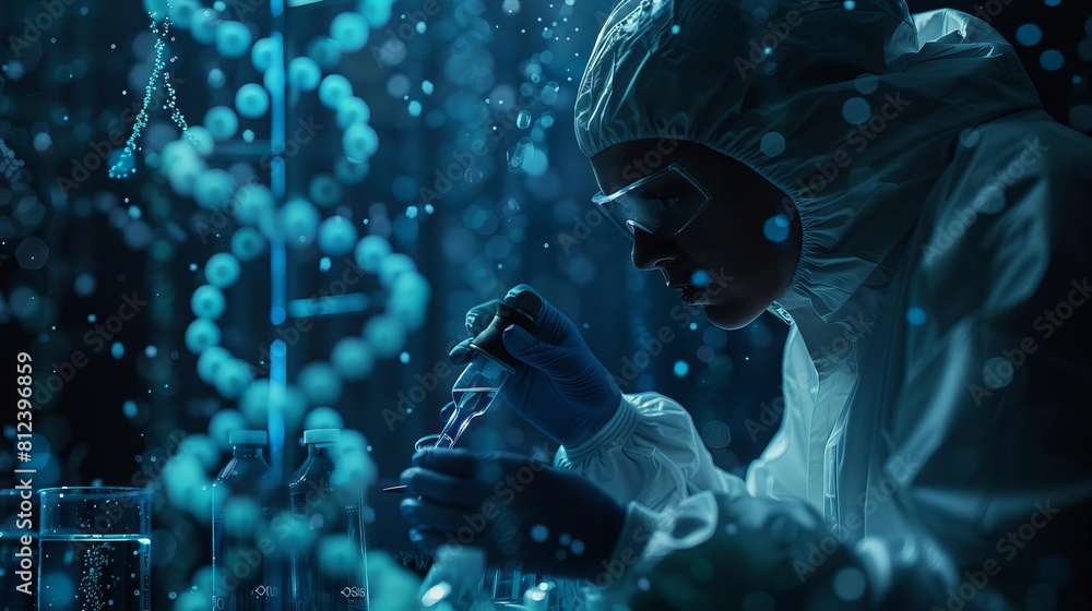 Portray a scientist studying CRISPR technology to edit the genes of a ...