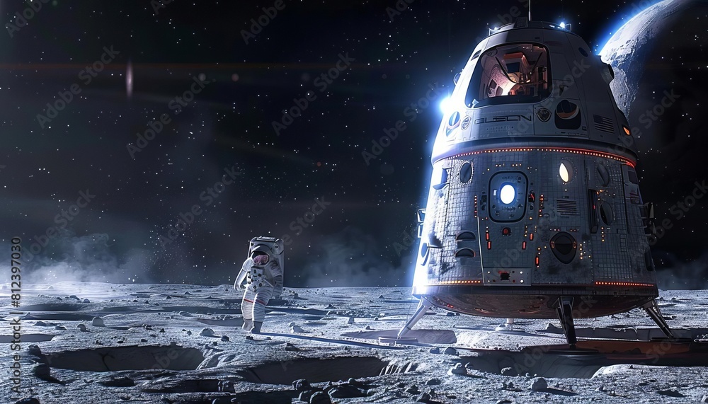 Portray a space capsule designed for lunar landings, with tourists ...