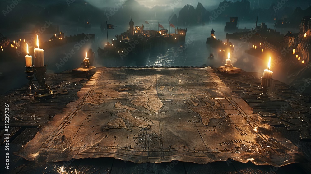 Portray an old map spread out on a table with a marked path leading to ...