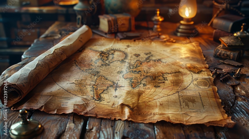 Portray an old map spread out on a table with a marked path leading to ...