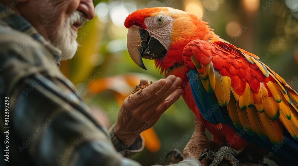 Represent a caretaker interacting with a friendly macaw, offering food ...