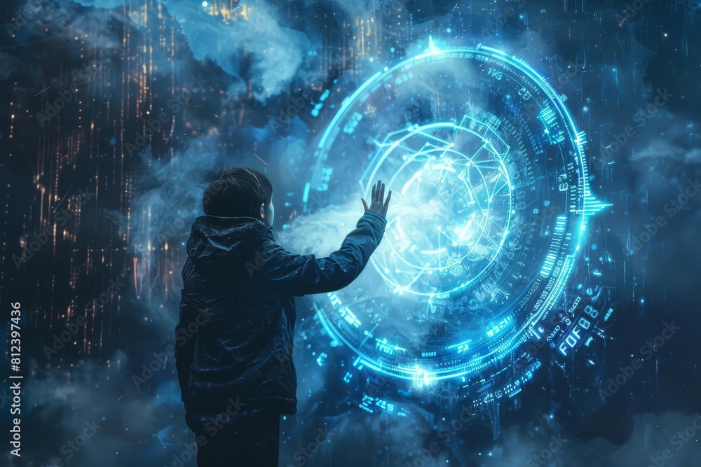 A futuristic depiction of a person reaching out to touch a cloud that ...