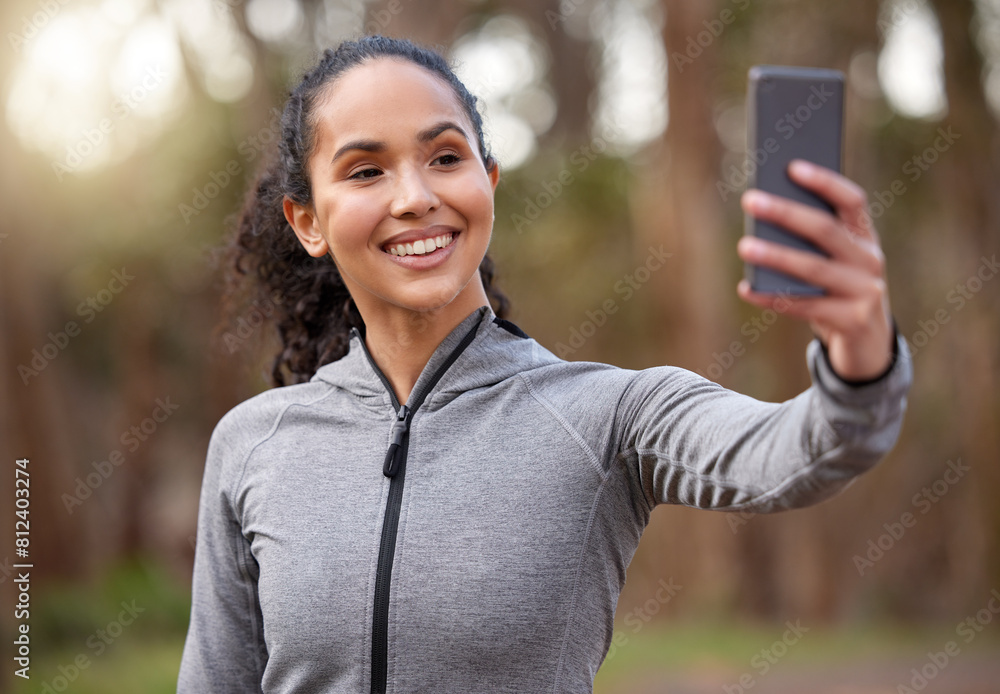 Smile, runner and woman with selfie outdoor for fitness, exercise or ...