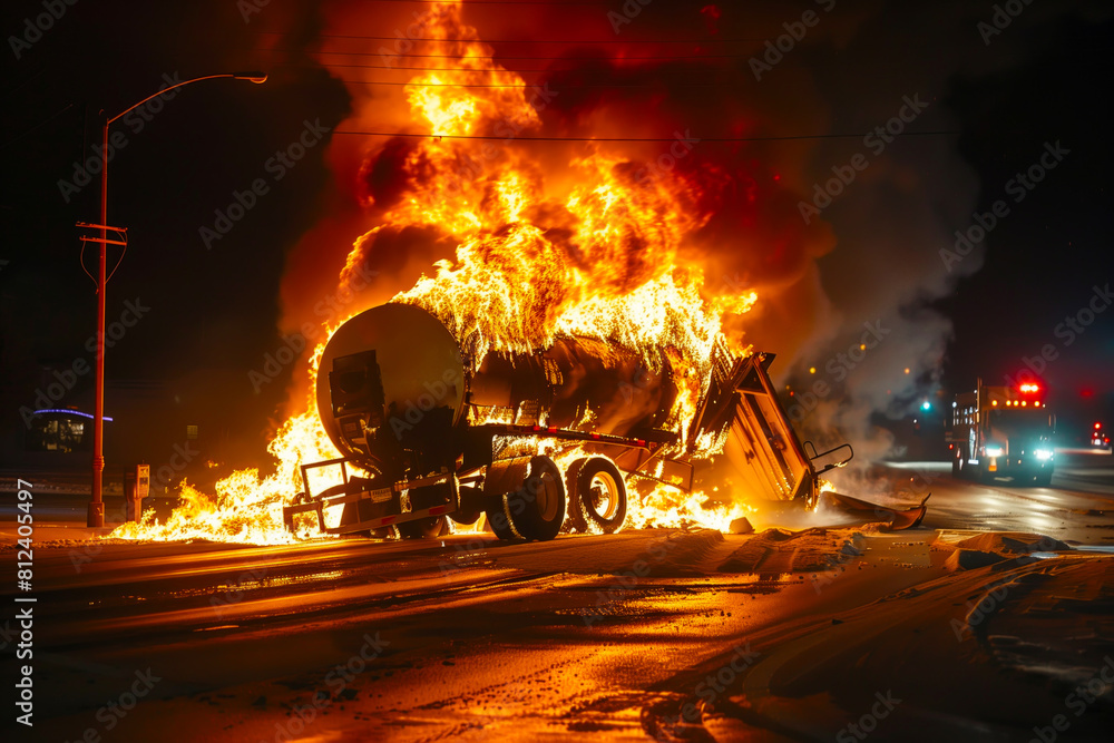 Fuel truck, cistern in fire. The fire engulfed a truck carrying fuel ...