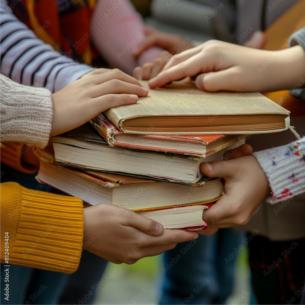 children holding book together in generative AI Stock Photo | Adobe Stock