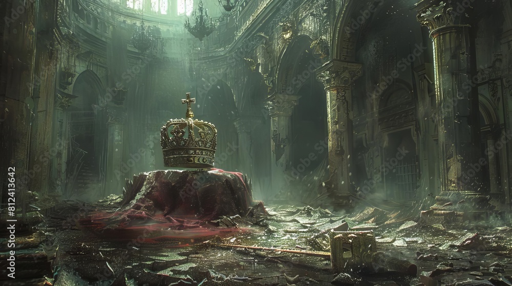 Represent a decaying throne room, where a dusty crown and broken ...