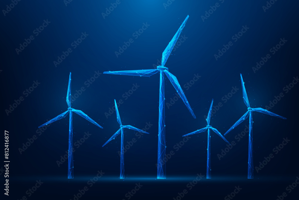 windmill clean energy low poly wireframe on blue background ...