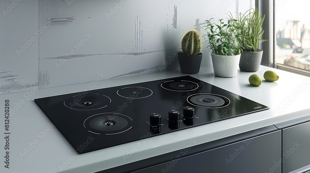 A black glass ceramic hob with three touch control buttons, on top of a ...