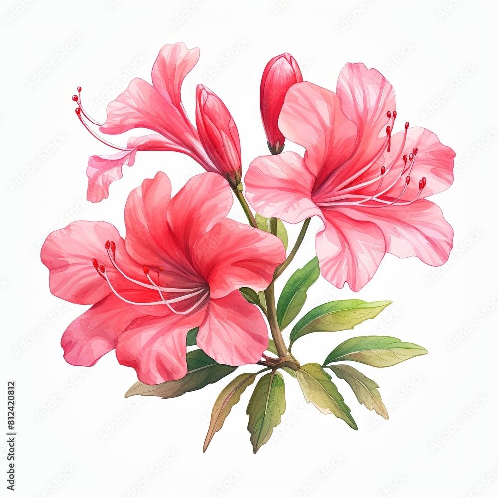 Cartoon watercolor drawing of a single azalea, dicut PNG style ...