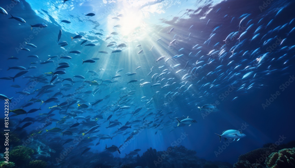 Groups of giant Tuna fish in the underwater, coral reef, amazing ...