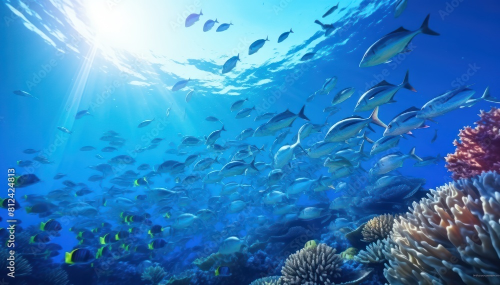 Groups of giant Tuna fish in the underwater, coral reef, amazing ...