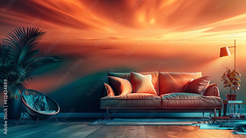 Copy space in a minimalist living room flat design side view, modern ...