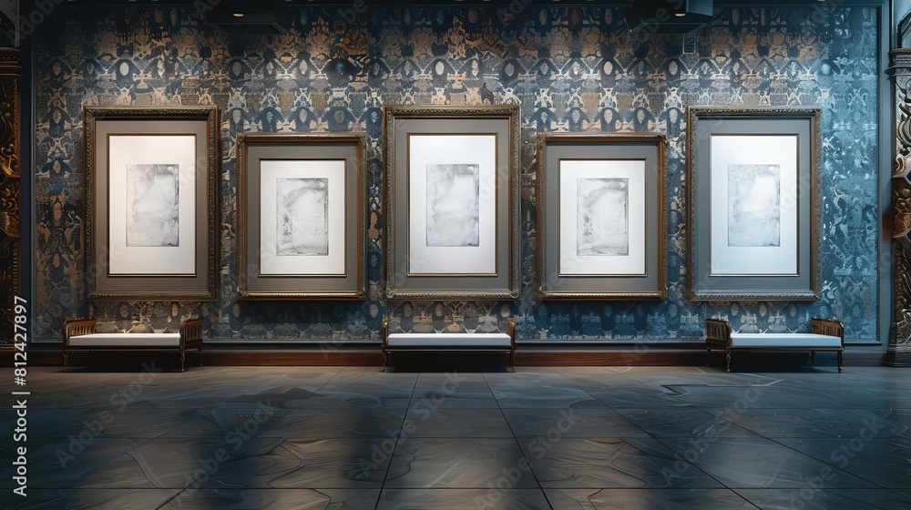 Represent a museums temporary exhibit space with multiple blank frames ...