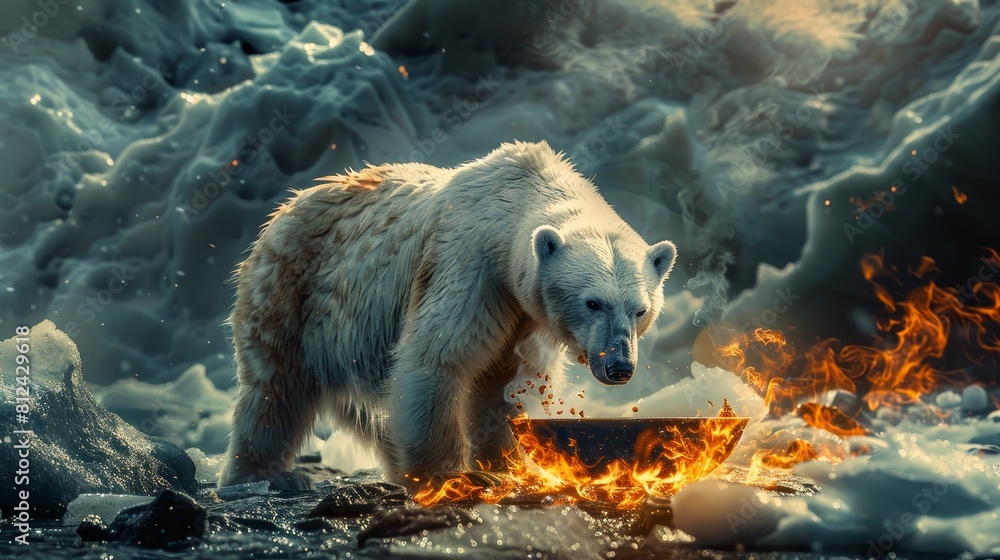 Polar bear cooking Earth in a fiery wok, panoramic view, surreal ...