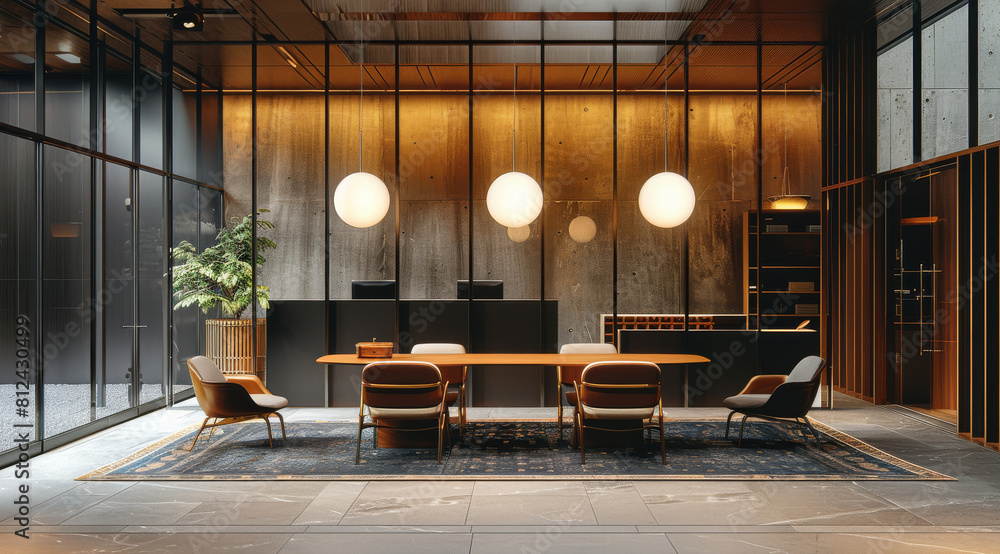 A long low concierge table with four chairs in front of a wall of black ...