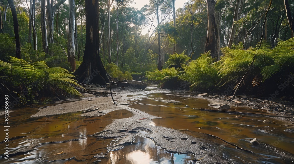 Open wide landscape area with prehistoric big murky river meandering through low grown fern tree ...