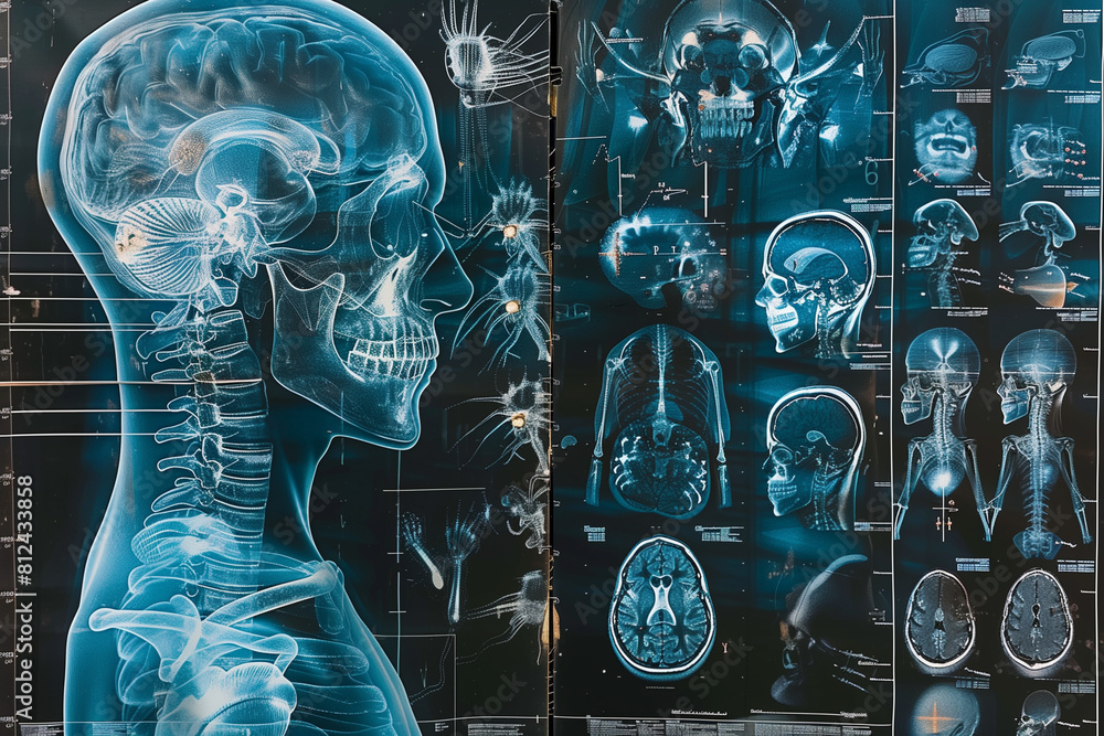 A skull is shown in a black and white photo. The skull is shown in a ...