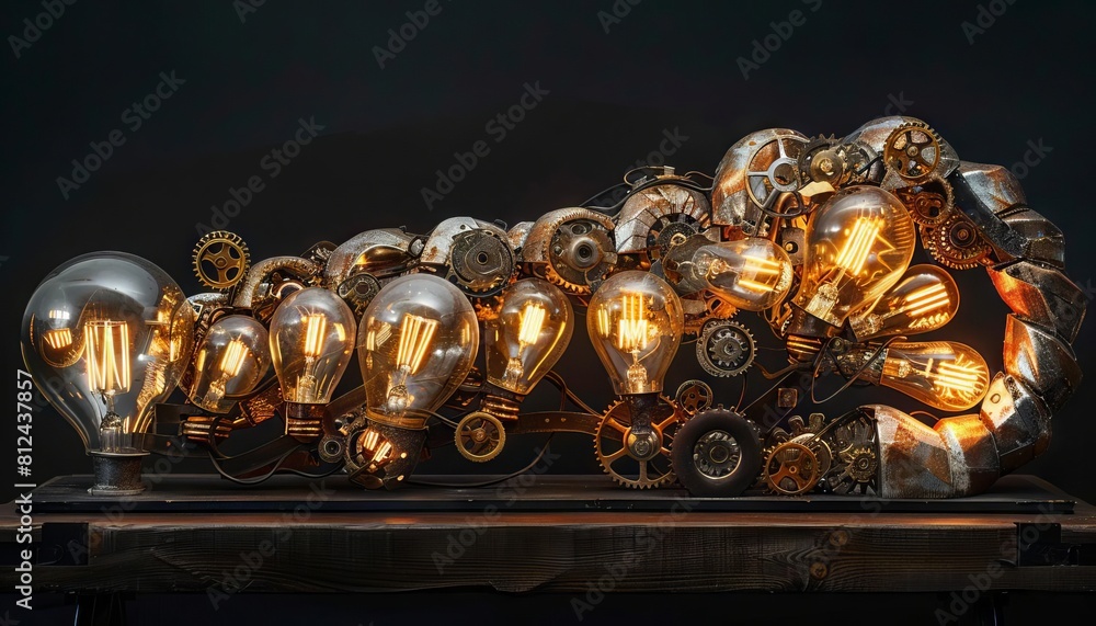 A sculpture made from twisted gears and light bulbs, each bulb lighting ...