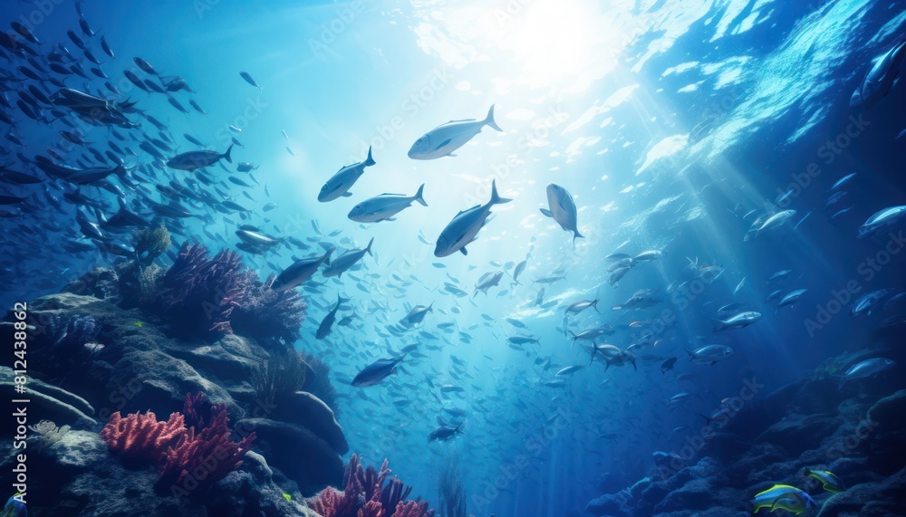 Groups of giant Tuna fish in the underwater, coral reef, amazing ...