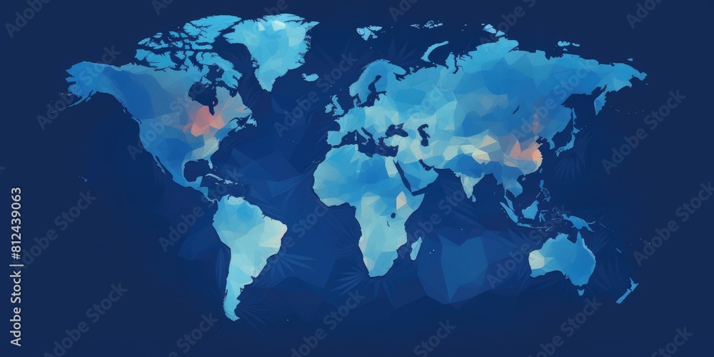 Digital art of stylized low-poly world map in shades of blue. World map ...