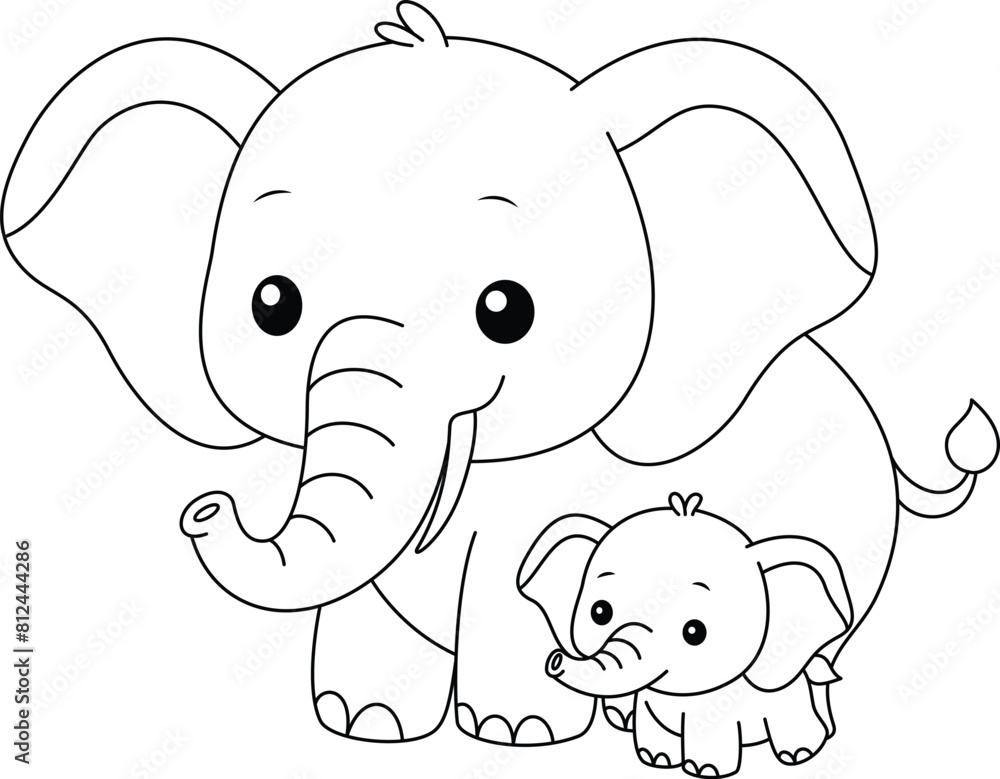 Cute kawaii elephant and baby cartoon character coloring page vector ...
