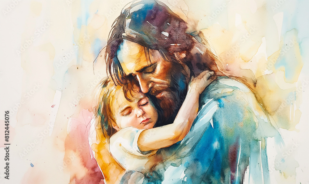 Jesus Christ hug lucky kid warmly for hope, face ask wish trust king ...