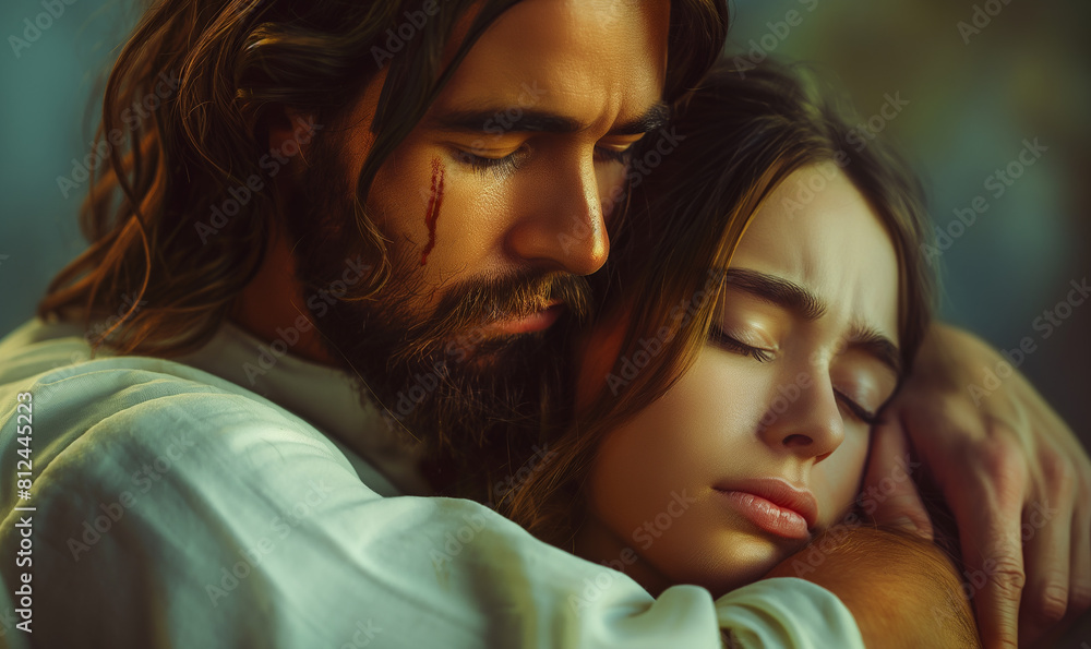Jesus Christ hug lucky lady warmly and hope, face ask wish trust king ...