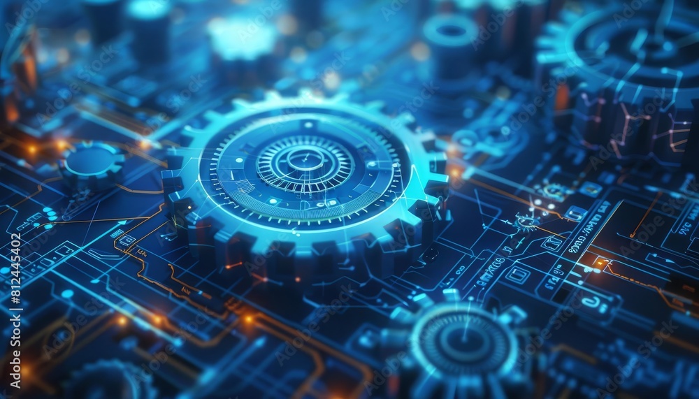 A technical blueprint showing the design of a gear system with overlays ...