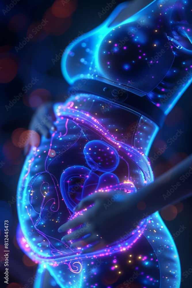3D render of a smart prenatal monitor worn by an expectant mother ...
