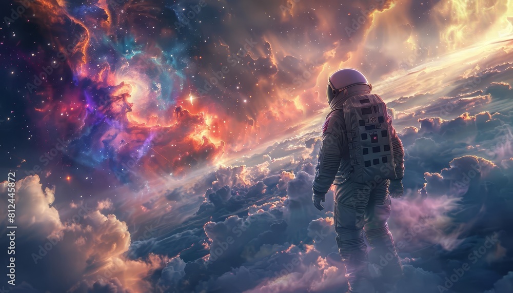 Represent an astronaut capturing photographs of a nebula from a ...