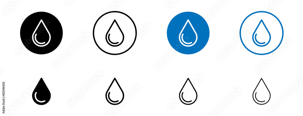 Water drop line icon set. Liquid droplet vector sign in black and blue ...