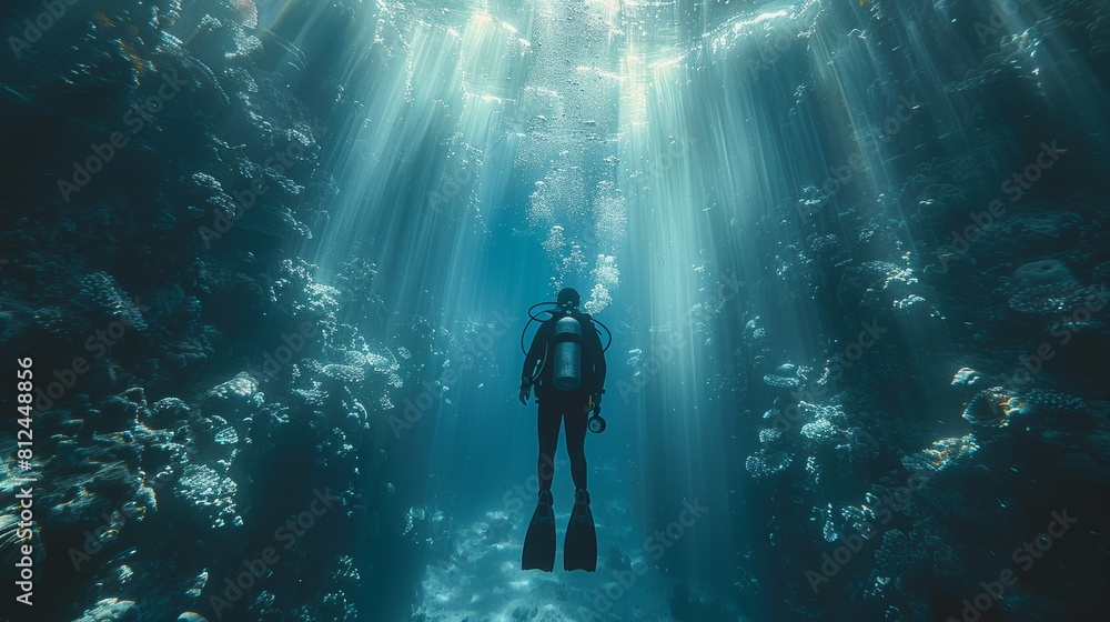 View of back of scuba diver underwater. Diver looks at big diving club ...