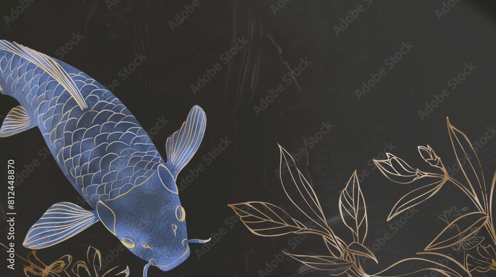 A blue koi fish with a light black background featuring gold lines and ...