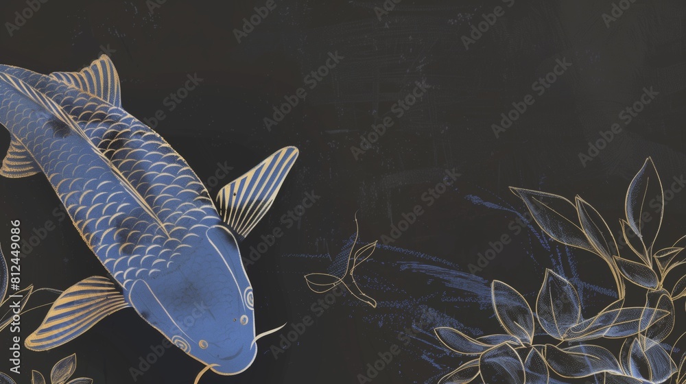 A blue koi fish with a light black background featuring gold lines and ...