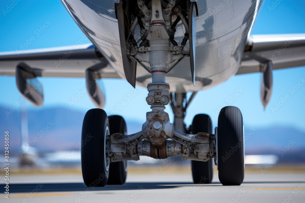 The photo shows the landing gear of a large aircraft Stock Photo ...