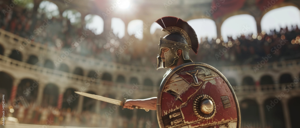 Gladiator poised for battle in an ancient arena, the crowd’s roar in ...