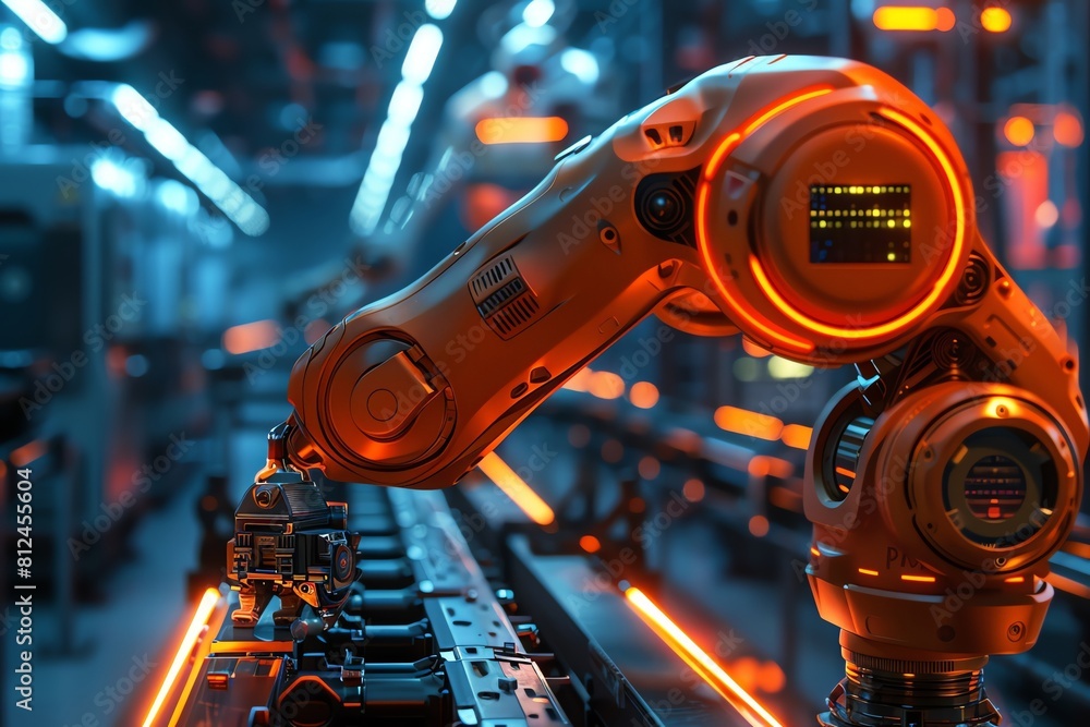 Smart industrial bot, eyelevel, precision tasks in neonlit plant, sharp ...