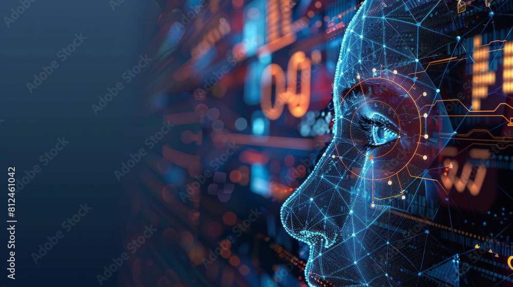 Digital representation of a human head profile with overlayed circuitry ...