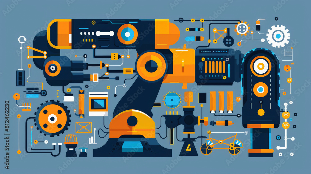 The image shows a stylized representation of a robotic arm with various ...