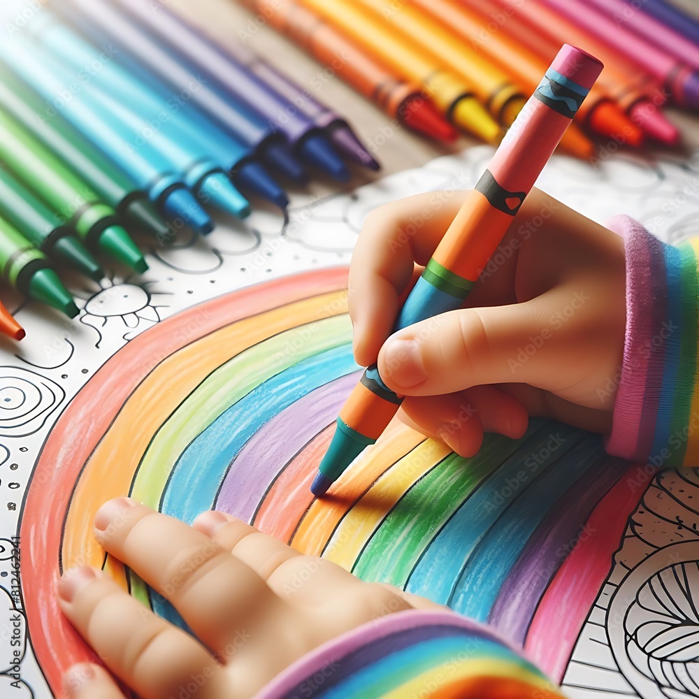 A child coloring a rainbow with crayons realistic harmony has ...