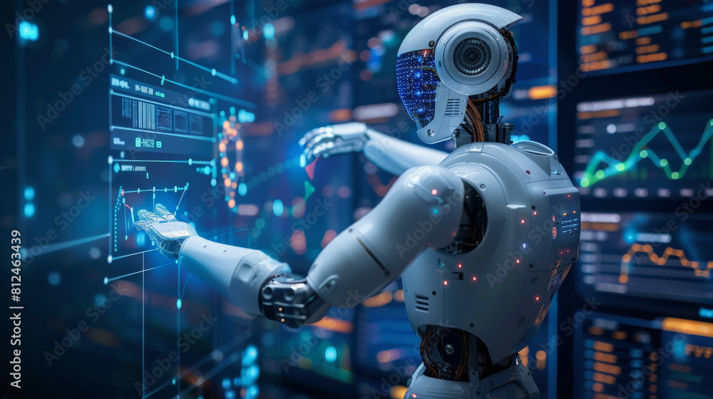 A futuristic robot with a humanoid appearance interacts with a digital ...