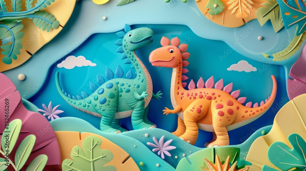 Dinosaur kids cartoon flat design top view prehistoric theme water ...