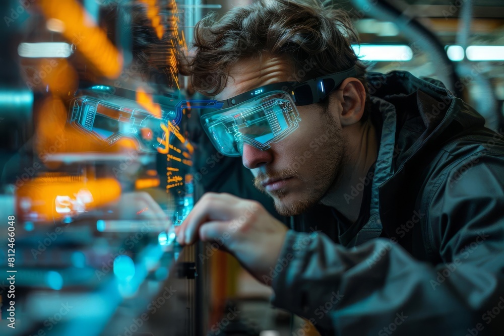 An engineer using a holographic interface to conduct electrical tests ...